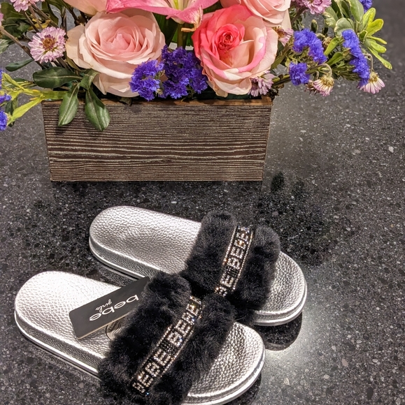 bebe | Shoes | Bebe Cushion Sole Rhinestone Logo Faux Fur Slides Size ...